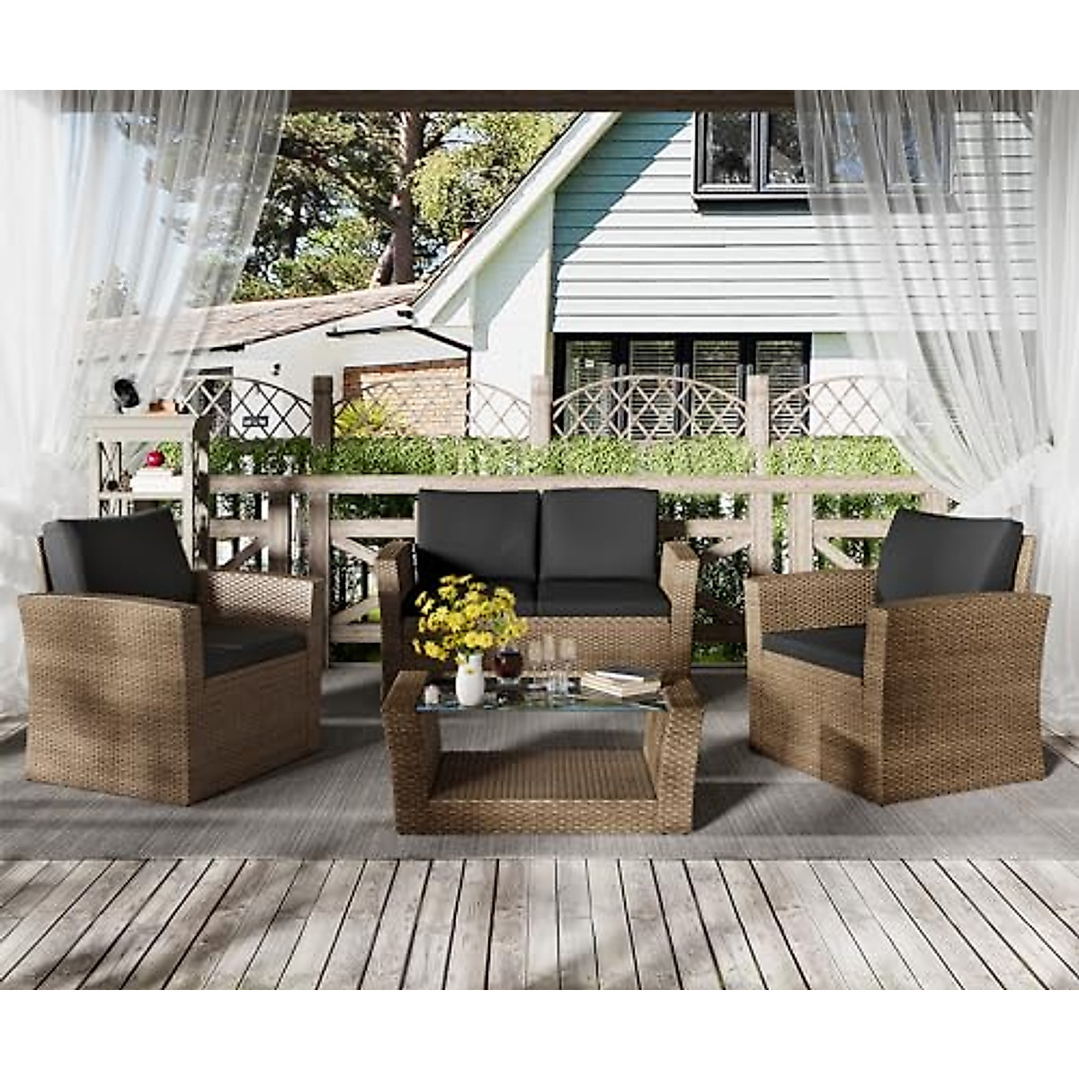 LHBcraft 4PCS Patio Furniture Set, Outdoor Conversation Sets with Rattan Chair Table, Wicker Loveseat Sofa Bistro for Garden, Pool, Backyard