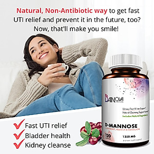 DAINOVA D Mannose 1350mg with Cranberry I D-Mannose Capsules for UTI Prevention, Urinary Tract Support, Urinary Tract Health for Women, & Cleanse. W/Hibiscus & Dandelion, 120 Veggie Capsules