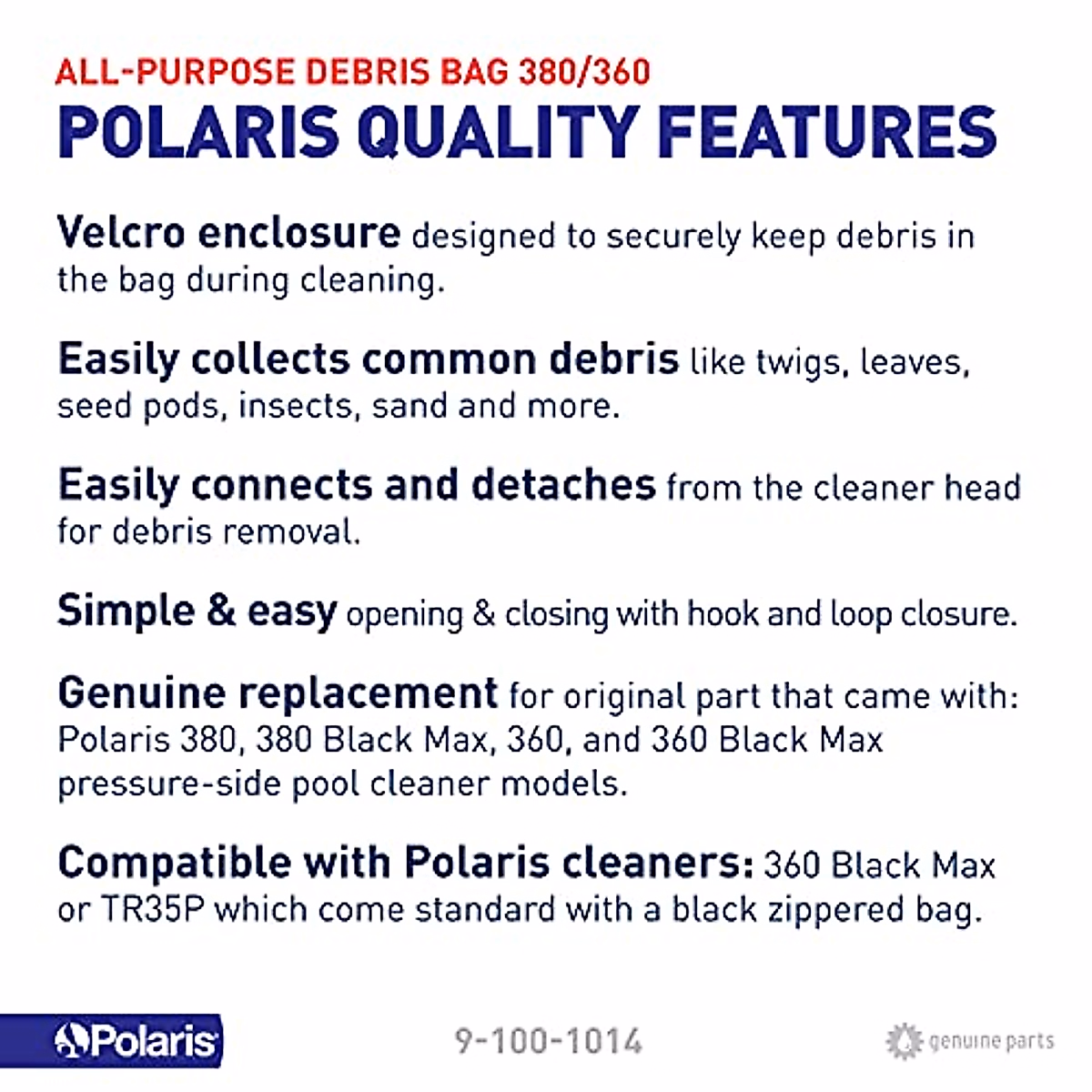 Polaris Genuine Parts 9-100-1014 All Purpose Bag Replacement for Pressure-Side Pool Cleaners 380, 380 Black Max, 360, 360 Black Max