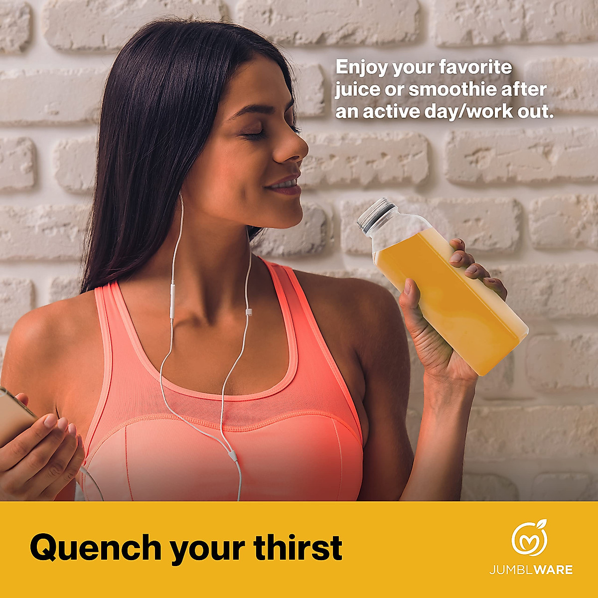 JumblWare Juice Bottles 20 Clear Plastic 16oz Reusable Bottles w/Funnel, Cleaning Brush, & Labels for Work, Gym, Home, & Catered Events Recyclable, Disposable, Shatterproof, BPA-Free Made in USA