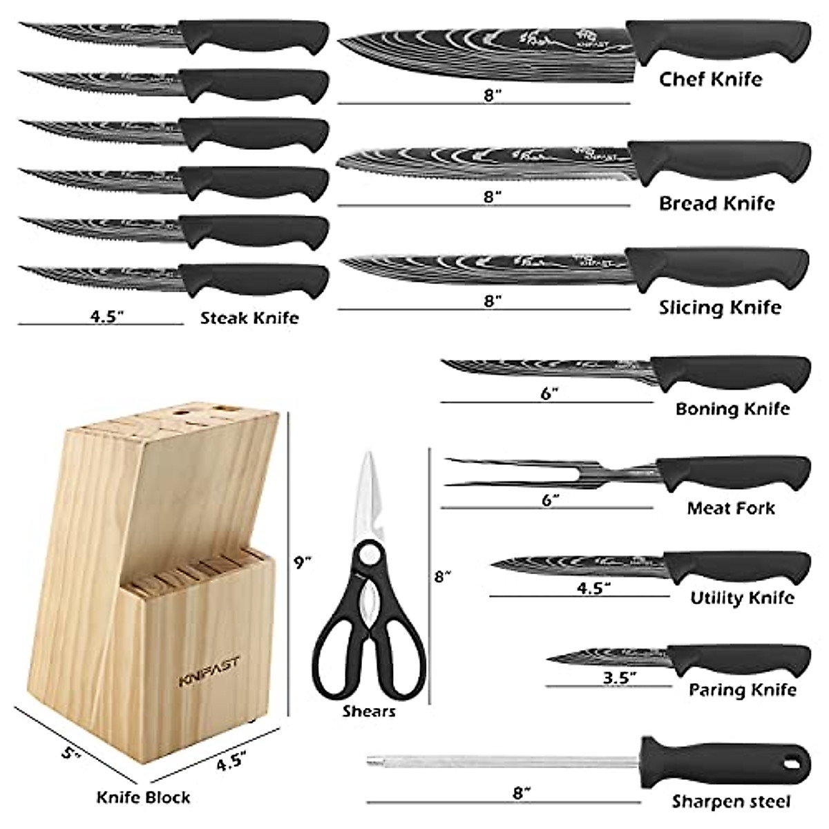 KNIFAST Kitchen Block Knife Set 16 Pieces With Boning Knife and Carving Fork, Manual Sharpening for Chef Knife Set Ultra Sharp