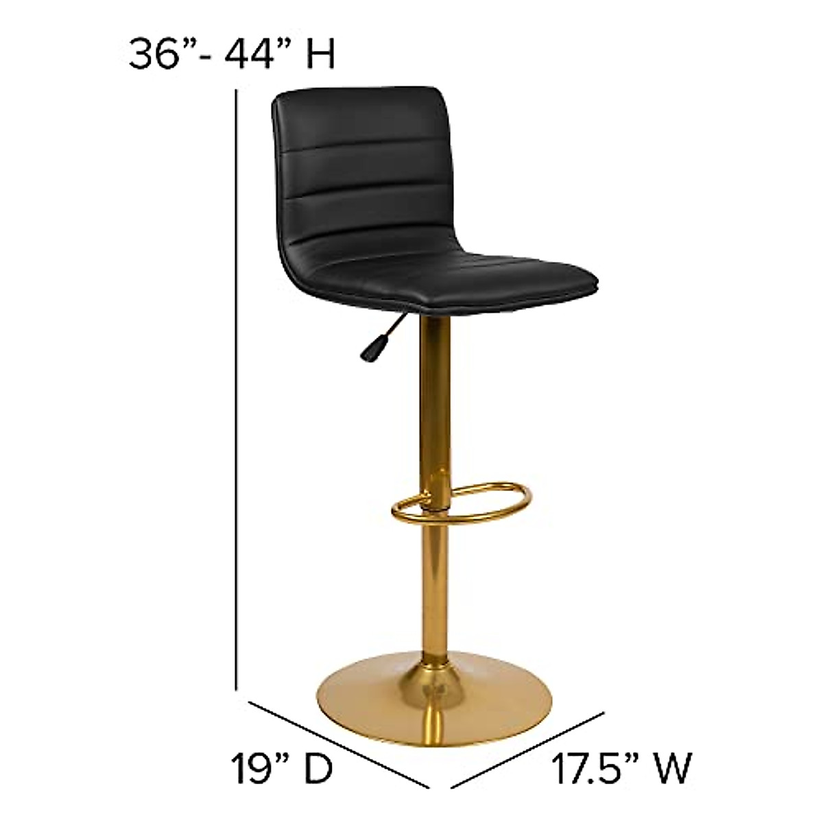 Flash Furniture Vincent Modern Black Vinyl Adjustable Bar Stool with Back, Counter Height Swivel Stool with Gold Pedestal Base, Set of 2