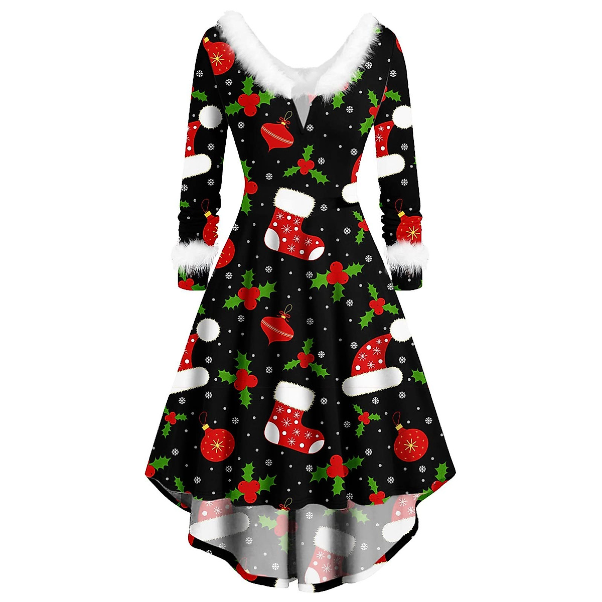 Red Dresses for Women Sexy Santa Christmas Printed Midi Dresses Furry V-Neck A-Line Swing Party Dress Cosplay Costume