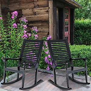 PHI VILLA Outdoor Rocking Chairs Set of 2, Acacia Wood Rocker Chairs for Patio, Deck, Balcony or Porch, 30° Safe Recline Support 350lbs - Black