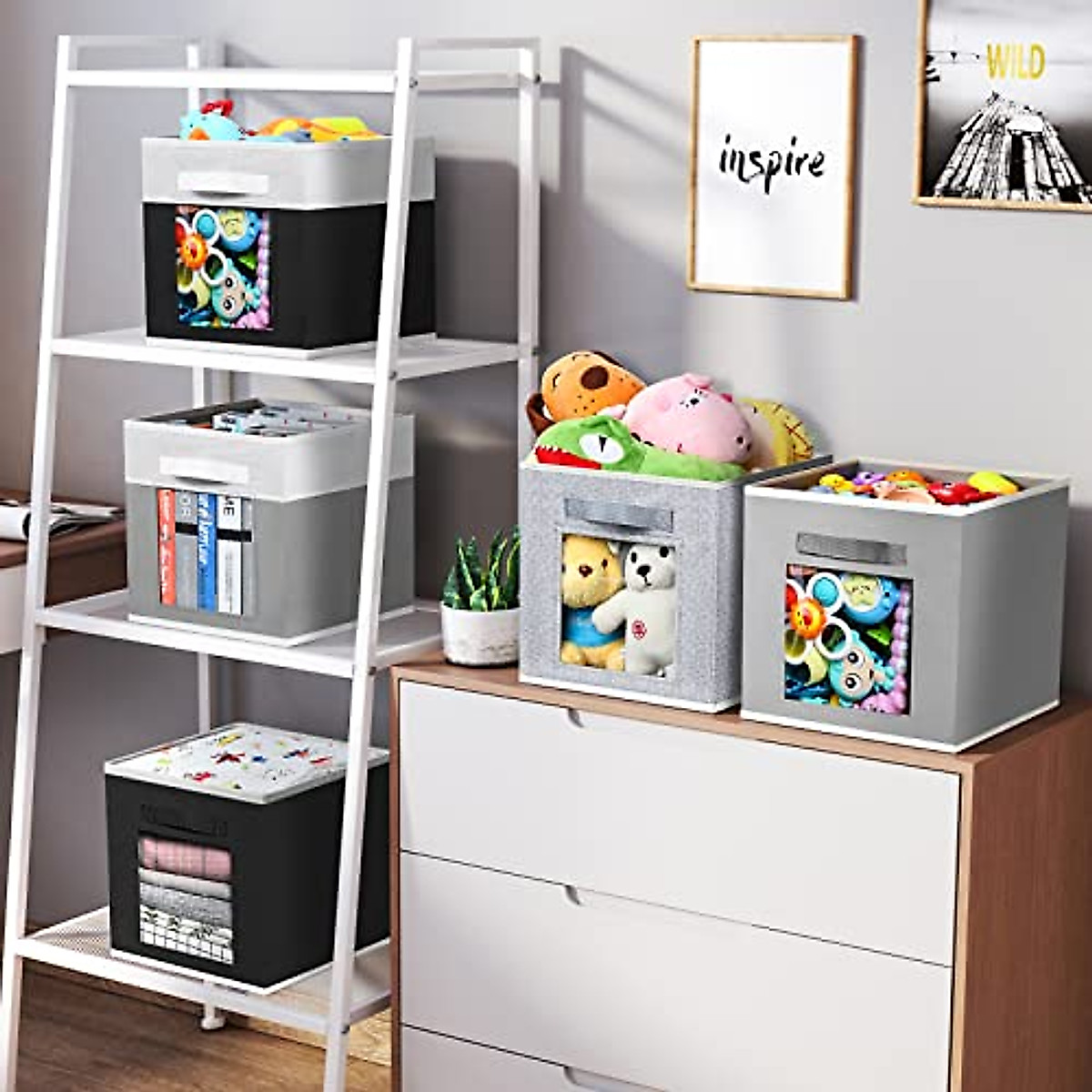 homsorout Cube Storage Bins, Fabric Baskets for Organizing, Closet Storage Cubes with Window, Cube Storage Organizer Bins with Front Handle for Clothes, Books, Sundries, 3 Packs, Grey
