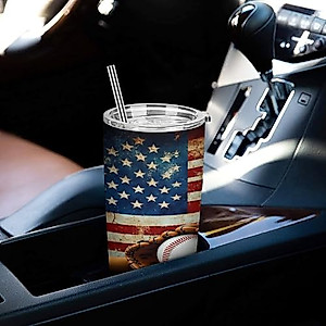 Baseball Glove America Flag (2) 20 OZ Stainless Steel Tumbler Travel Car Coffee Mug with Straw Lid Cleaning Brush Coffee Tumbler Mug for Women Men