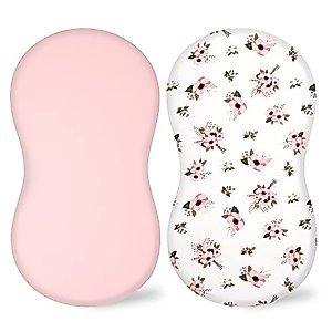 TILLYOU Cotton Fitted Bassinet Sheets for Baby Boy Girl, Fit for Halo Bassinet Swivel Sleeper, Adapt to Hourglass Bassinet Mattress Sheet, 31.5'' x 18'', 2 Pack Floral & Pink