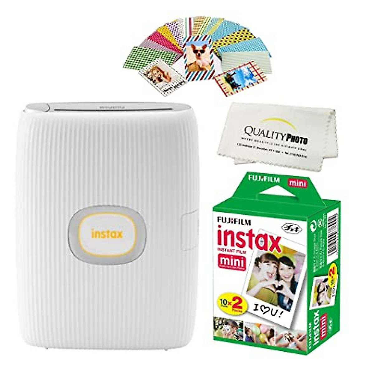 Fujifilm Instax Mini Link 2 Smartphone Printer Plus Films 20 Pack, Stickers and Bonus All-Purpose Microfiber Cloth (Clay White)