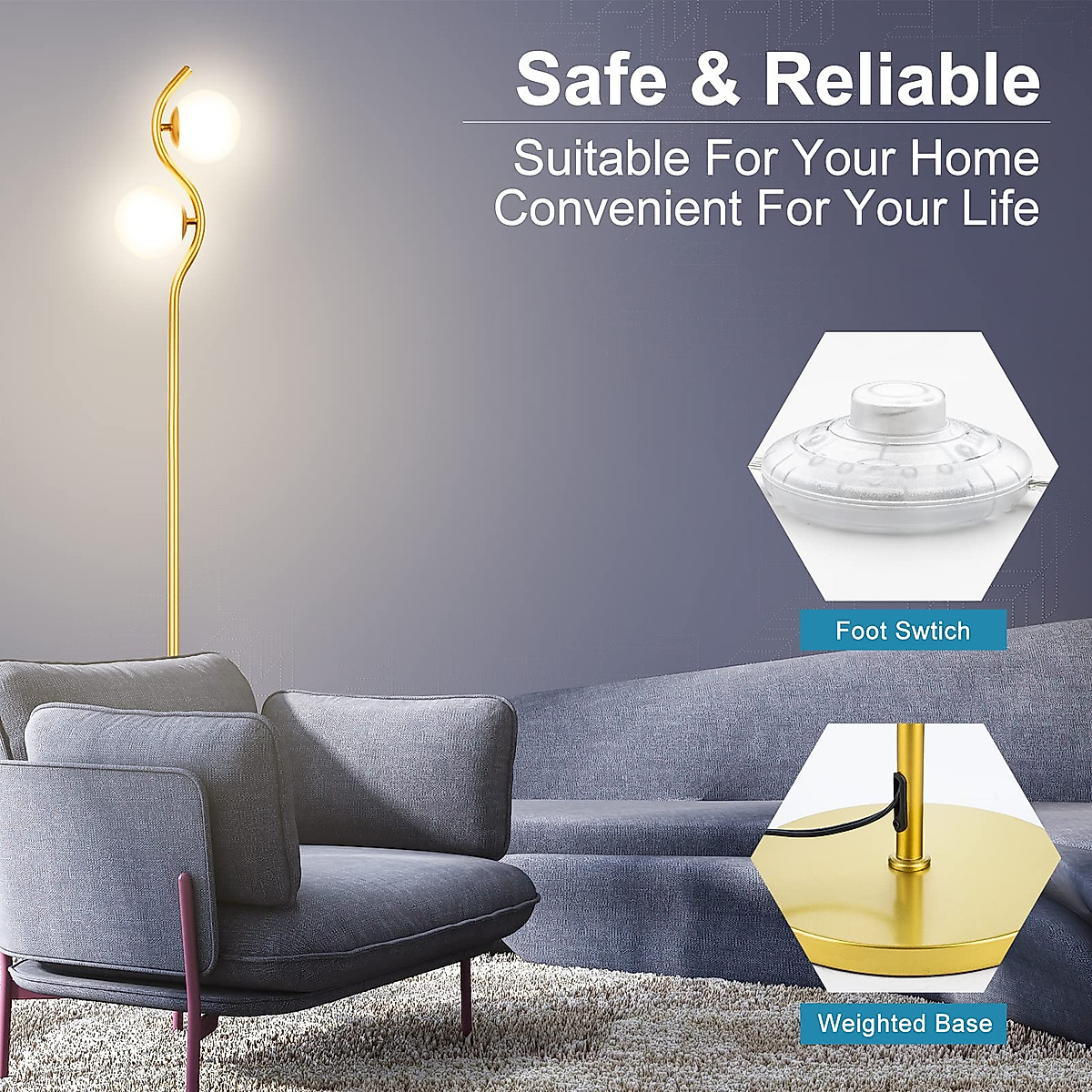 Lightdot 61IN Gold Floor Lamp, Globe Standing Lamp with 2PCS 3000K G9 Bulbs Soft Warm White Eye Care, Mid Century Modern Floor Lamp for Living Room Bedroom Home Decor