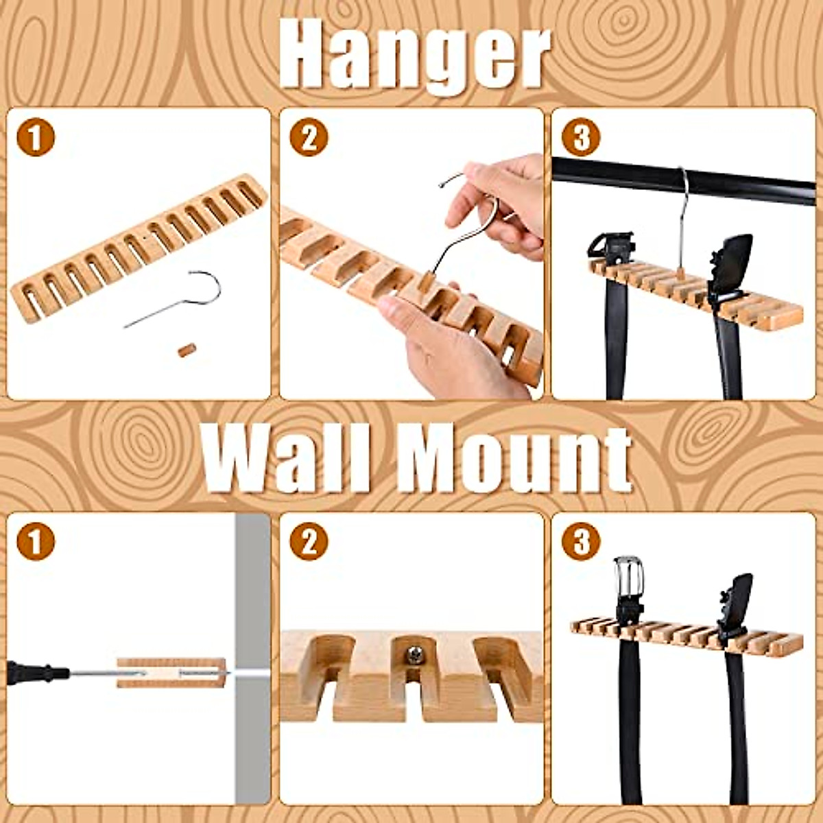 2 Pack Belt Hanger for Closet 2 in 1 Wooden Belt Organizer Wall Mount Belt Holder Storage Belt Rack Display Tie Rack Hooks with Through-The-Wall Nails/360°Swivel Hook Belt Holder for Closet Wall Door