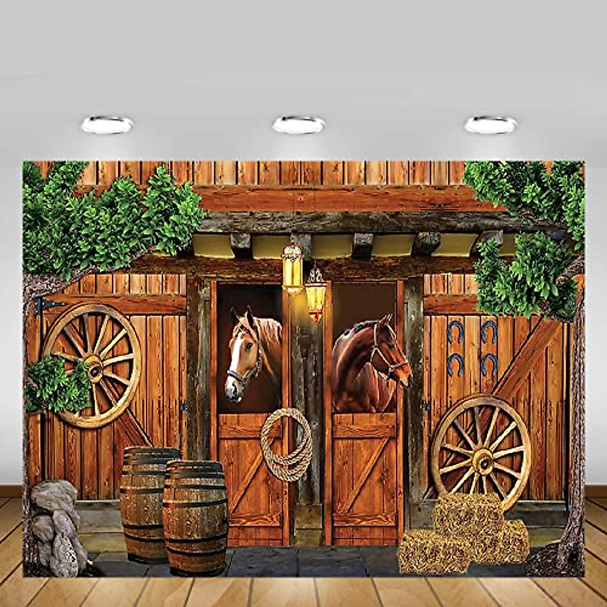 MEHOFOND 10x7ft One Wild West Stable Backdrop Texas Western Cowboy Horse in Barn Baby Shower Wheels Mews Photography Background Travel Party Events Photo Studio Props