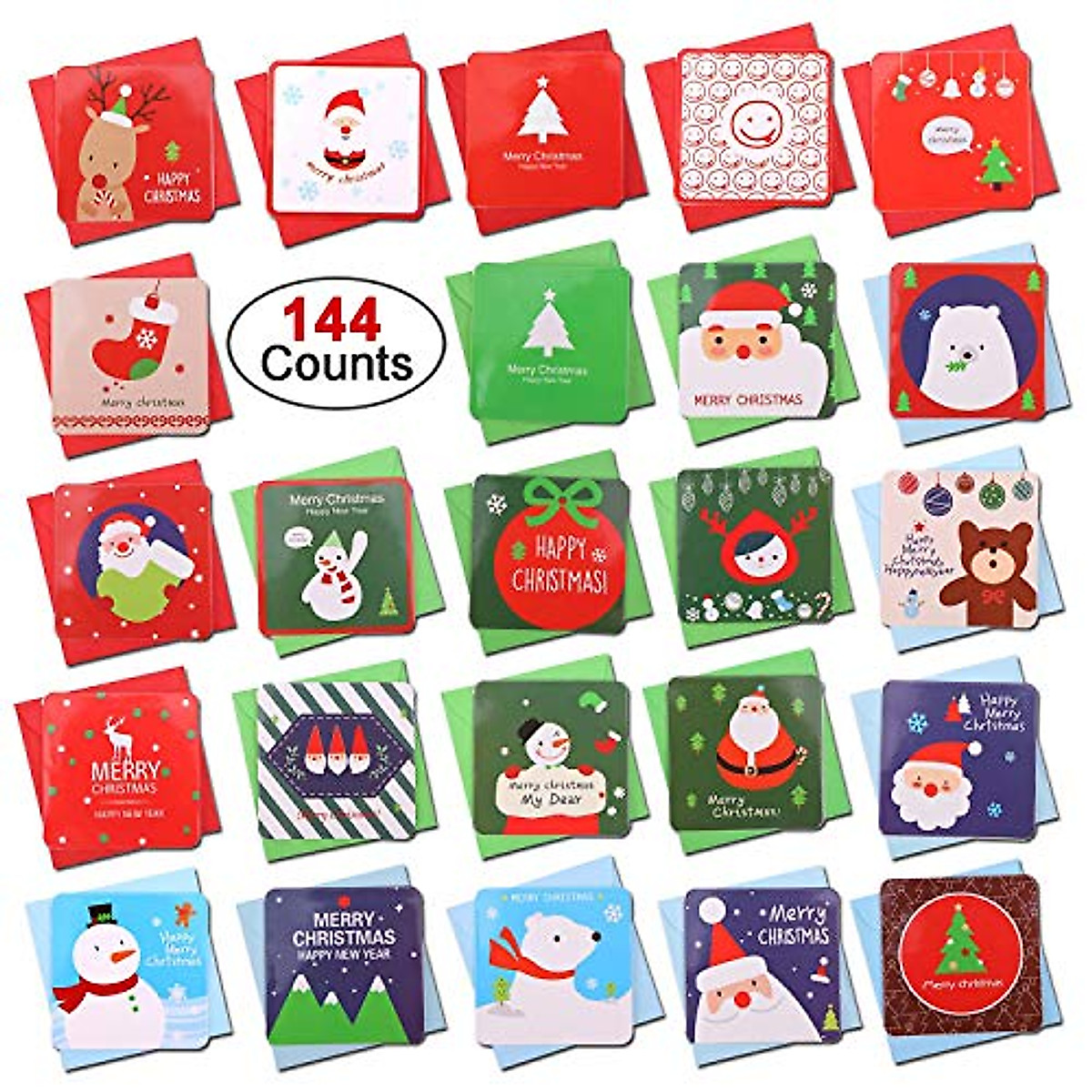 Konsait 144 Count Mini Christmas Cards, Merry Christmas Assorted Greeting Cards Blank Note Cards Xmas Card with Envelopes, Ideal for Kids Gift Box Winter Holiday Christmas Party Favor Supplies