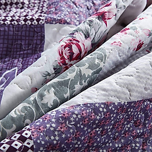 HoneiLife King Size Quilt Set - 3 Piece Microfiber Quilts Reversible Bedspreads Patchwork Coverlets Floral Bedding Set All Season Quilts-Purple Rose