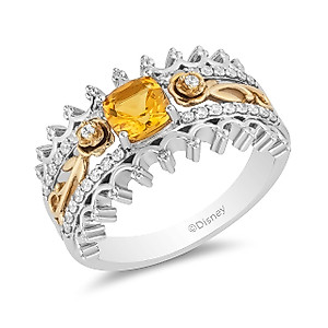 Jewelili Enchanted Disney Fine Jewelry Sterling Silver and 10K Yellow Gold with Citrine and 1/4 CTTW Diamond Belle 30th Anniversary Ring Size 7