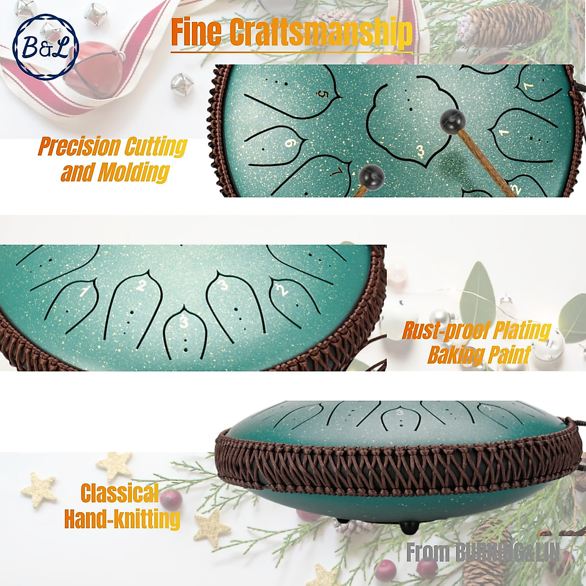 Steel Tongue Drum 14 Inches 15 Notes Hand Pan Drum Rain Drum Percussion for Meditation Yoga Musical Education for Adult& Kids(Lotus Green)