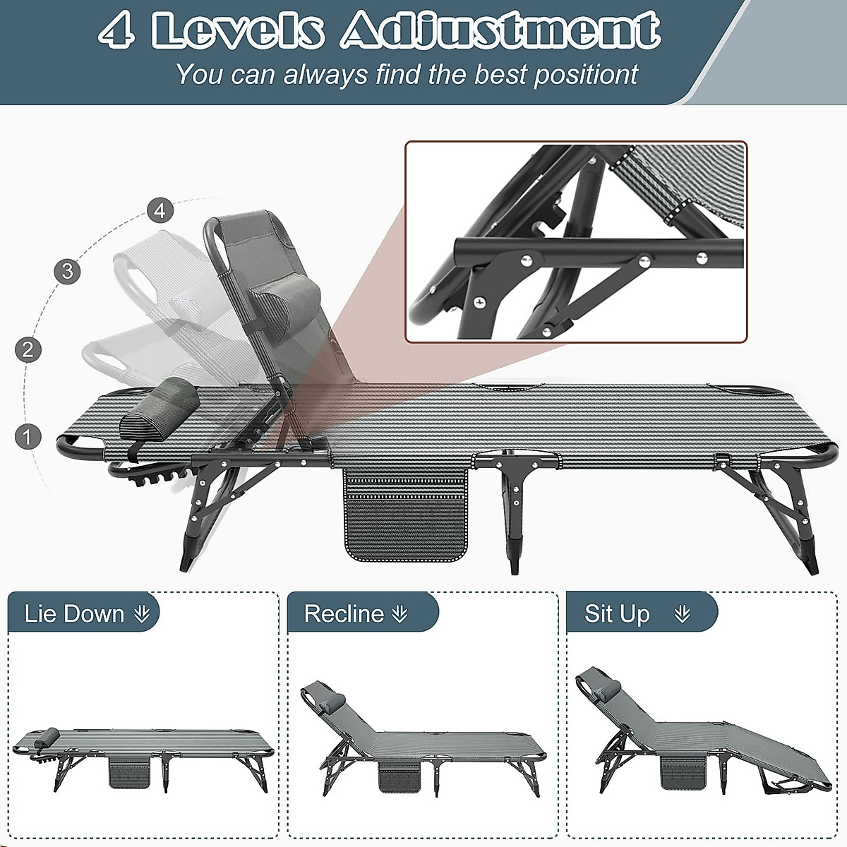 DoCred Folding Chaise Lounge Chair, Folding Cot, 5-Position Adjustable Heavy Duty Patio Chaise Lounges for Outside, Poolside, Beach, Lawn, Camping