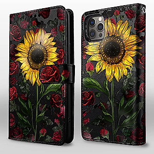 Shields Up for iPhone 15 Pro Wallet Case, Detachable Magnetic Case Wallet with Card Holder & Strap for Girls/Women, Vegan Leather Floral Cover for iPhone 15 Pro 6.1 inch - Rose Flower/Sunflower
