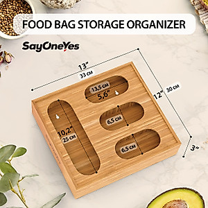 Sayoneyes Ziplock Bag Organizer for Drawer - Premium Bamboo Plastic Bag Storage Organizer for Kitchen – Compatible with Ziploc, Glad, Hefty, Solimo for Gallon, Quart, Sandwich & Variety Size Bags