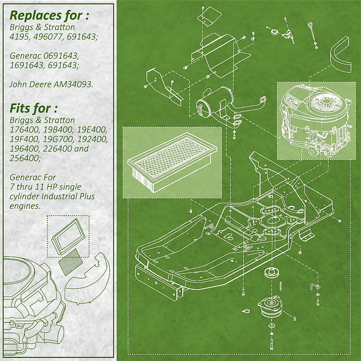 Eopzol 496077 Air Filter Cartridge for Briggs & Stratton 691643 4195 Generac 0691643 1691643 John Deere AM34093 Fits for 176400 19B400 19E400 19F400 19G700 192400 196400