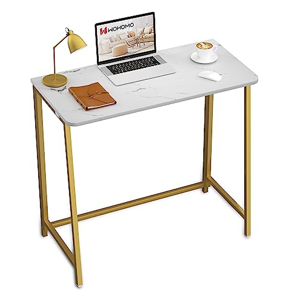 WOHOMO White Marble Folding Desk, 31.5" Small Desk for Small Spaces with Gold Legs, Easy Assemble Foldable Computer Desk, Mini Portable Working Table for Home Office, White and Gold