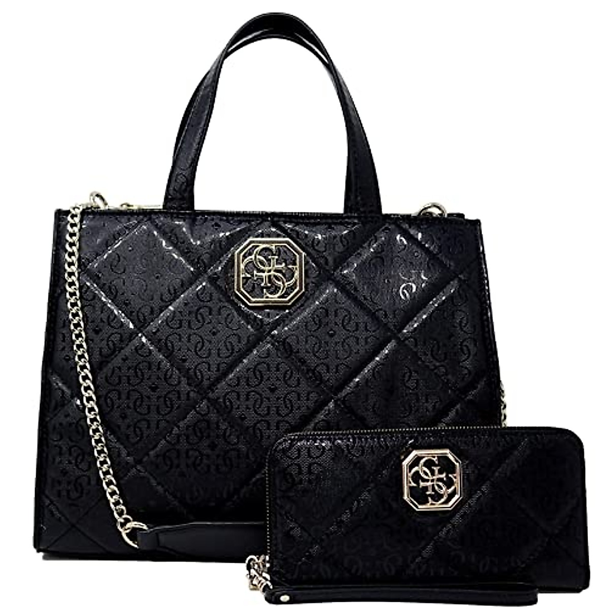 GUESS Women's Logo Patent Quilted Large Tote Bag Handbag & Wallet Set - Black