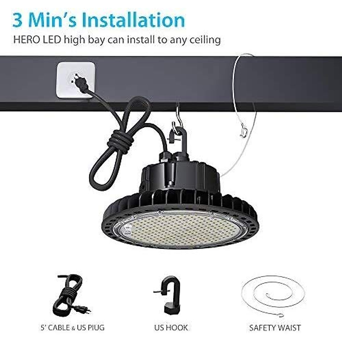 Miiruop UFO LED High Bay Light,160W Coollight 25,600lm 5000K 0-10V Dimmable [Adjustable Beam Angle 65/90/105] IP65 Waterproof,600W HID Replacement,5-Year Warranty US Plug,Warehouse/Wet Location Area
