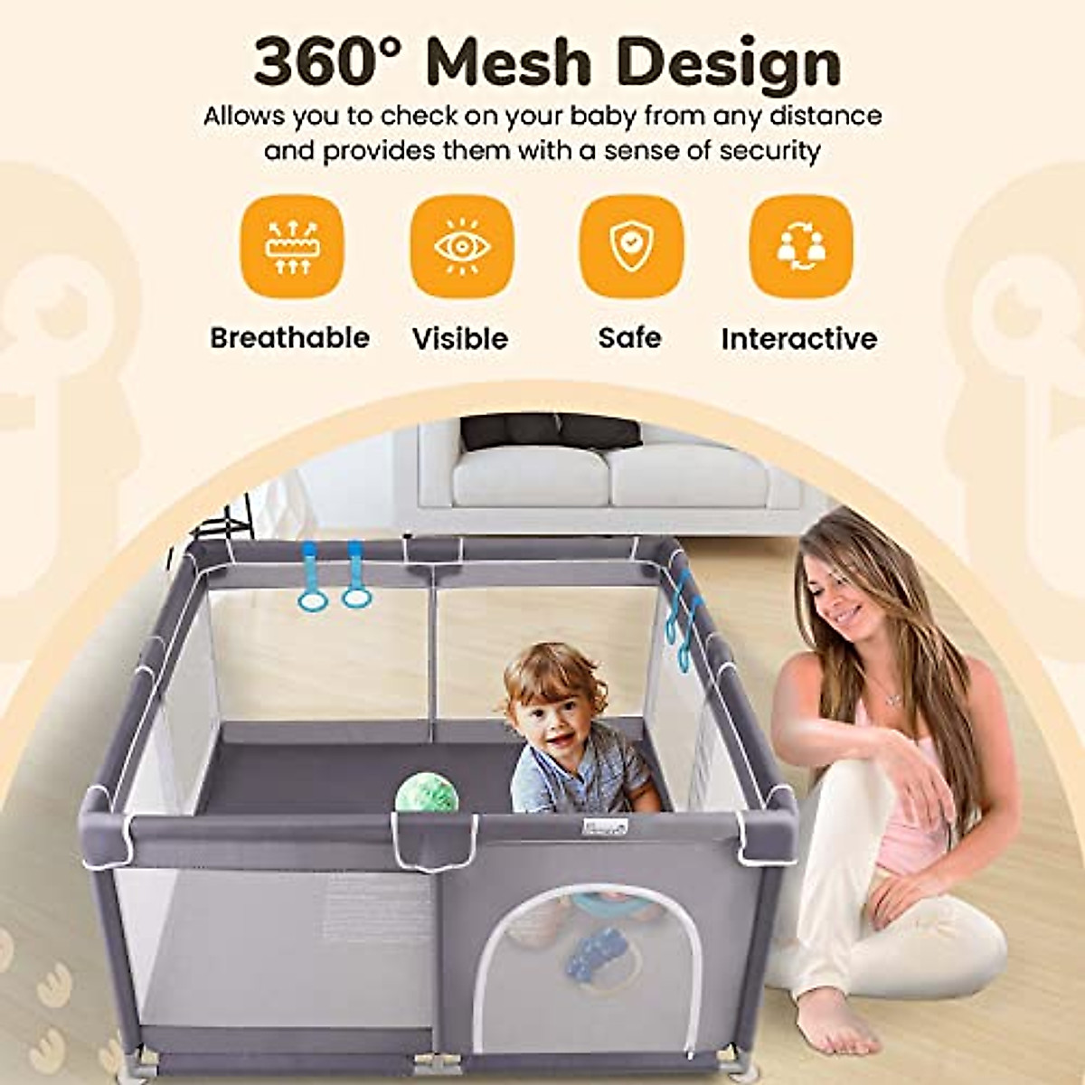 Baby Playpen for Babies and Toddlers, 50 x 50 inch Baby Play Yards, Kids Play Pen for Indoor & Outdoor, Large Baby Playpen, Portable Toddler Play Yard with Carrying Bag, Anti-Slip Base, Li'l Pengyu