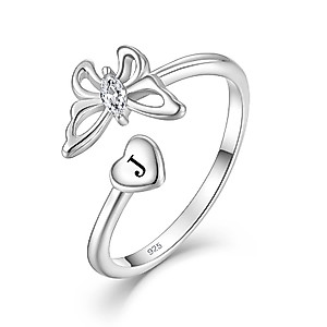 STARCHENIE Butterfly Initial Ring for Women 925 Sterling Silver Letter J Alphabet Adjustable Ring Size 7