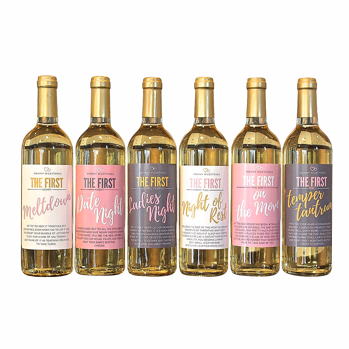 Mommy Milestone Wine Labels and Stickers, Great Baby Shower and Pregnancy Gift Ideas for Mom To Be, Funny Mom's First Moments After Having New Baby Girl or Boy – Set of 6 – By Harper & Ivy Designs