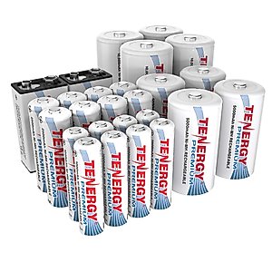 Tenergy Premium High Capacity NiMH Rechargeable Battery Combo Pack, Includes All Battery Sizes 8xAA 8xAAA 4xC 4xD 2x9V Rechargeable Batteries, 26 Pack