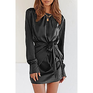 PRETTYGARDEN Women's 2023 Fall Satin Dress Long Sleeve Tie Waist Elegant Cocktail Party Mini Dresses (Black,Small)