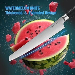 Dingerkit Watermelon Knife, 9" Melon Carving and Slicer Knife for Watermelon Cantaloupe Made of High Carbon Steel with Gift Box and Sheath - Fruit Cutting Knife with Pakkawood Handle.