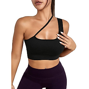 SOLY HUX Women's One Shoulder Sports Bra Cut Out Sleeveless Workout Running Yoga Crop Top Black S