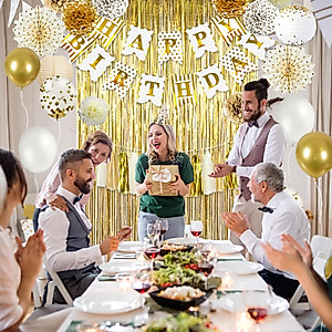 Gold Birthday Decorations Happy Birthday Party Decorations Set with Gold Birthday Banner, Gold White Yellow Balloons Paper Pom Poms, Gold Tassel Garland for Women Grils Kids Birthday Party Supplies