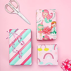 LeZakaa Birthday Wrapping Paper Roll - Mini Roll - Mermaid/Rainbow/Stripe Design for Girls, Kids, Women - 17 x 120 inches, 3 Rolls (42.5 sq.ft.ttl.)