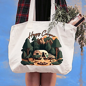 Happy Camper Cotton Canvas Bag - Nature Shopping Bag - Forest Tote Bag - Black