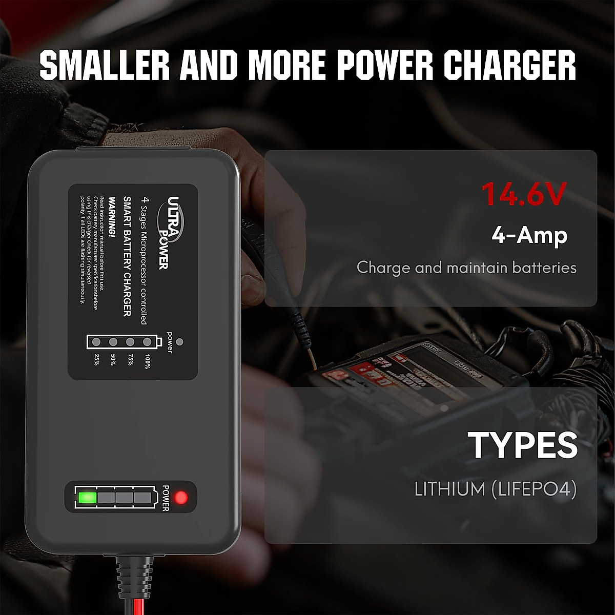 ULTRAPOWER 4-Amp 14.6 Volt LiFePO4 Battery Charger,12.8 Volt LiPO Lithium Battery Charger,Smart Battery Charger Maintainer for Cars,Motocycles,Golf Carts,UAV,Fishing Boat and Deep Cycle Batteries.