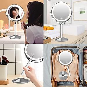 Lighted Makeup Mirror with Magnification, 1X 10X Magnifying Mirror with Light, 8'' HD Double Sided Tabletop Vanity Mirror, Rechargeable 3 Color LED Dimmable Desk Lit Cosmetic Mirror, Girl Women Gifts
