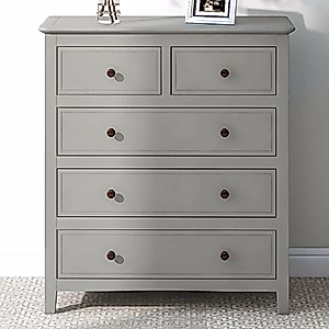 Harper & Bright Designs Modern 5 Drawers Dresser for Bedroom, Solid Wood Chest of Drawers with Nickel Hooded Pulls, Storage Cabinet with Tapered Wood Legs for Living Room Hallway Entryway,Gray