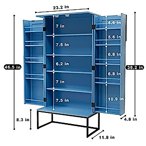 HOLTICO 46.5'' Accent Wood Grain Kitchen Pantry with Doors, Storage Cabinet with Adjustable Shelves, Food Pantry Cabinet for Kitchen, Dining Room, Living Room and Garage, Metal Legs,Blue