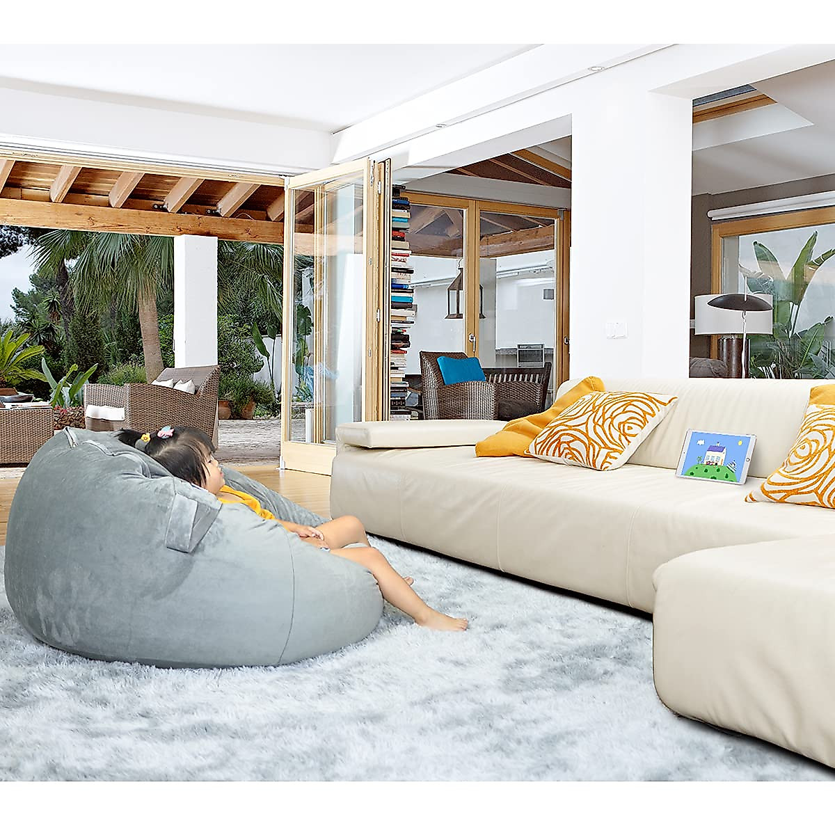 BCHWAY Stuffed Animal Storage Bean Bag Chair Cover, Plush Toys Organizer Holder, Beanbag Chairs Cover with Handle and Hidden Zipper for Kids Boys Girls X-Large Super Soft Premium Velvet-Grey