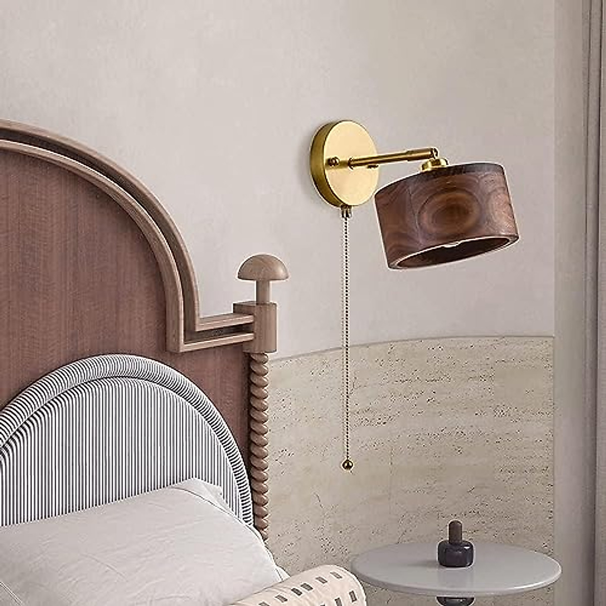 VUCICA Modern Simple Wall Lamp Adjustable Bedside Wall Sconce Walnut Wall Light with Pull Cord Switch E27 Lighting Fixture for Living Room Study Office Homestay