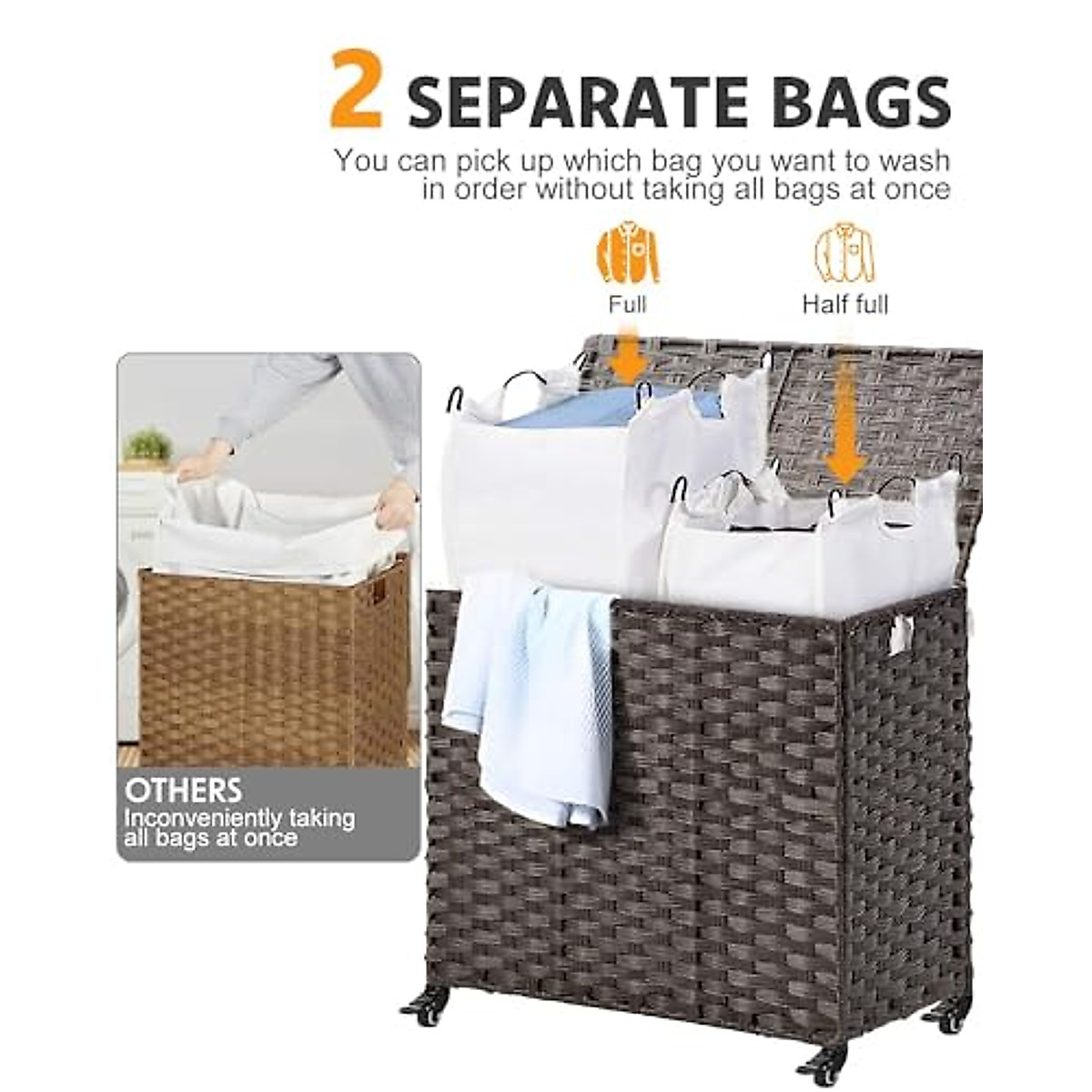 Rantizon Laundry Hamper with Lid, 110L Wicker Laundry Baskets with wheels 2 Foldable Compartment and 3 Removable Liner Bags, Synthetic Rattan Clothes Laundry Basket with Handles, Natural Brown
