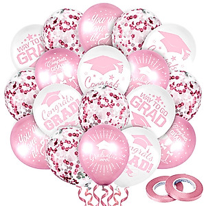 Whaline 60Pcs Graduation Party Balloon Set 7 Designs Confetti Latex Balloon with 2 Rolls Ribbon Grad Cap Congrats Grad Balloon for Graduation Party Decoration Supplies (Pink, White)