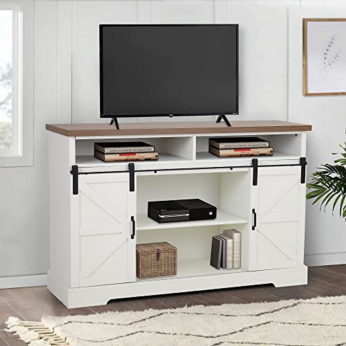 MFSTUDIO Farmhouse Coffee Bar Cabinet, 52" Sideboard Buffet Storage Cabinet TV Stand with Sliding Barn Door for Kitchen Dining Room Living Room, Ivory
