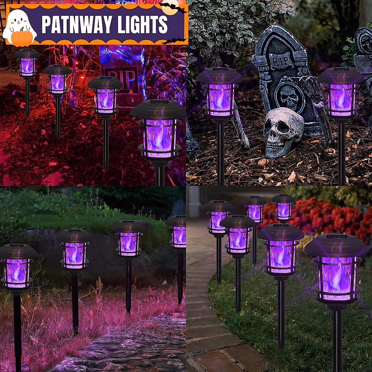 Dynaming 6 Pack Solar Flame Torch Lights Outdoor, Dual Use Flickering Purple Flame Garden Light, Hanging Lantern, Auto On/Off & Waterproof Halloween Lighting for Lawn Patio Yard Walkway Driveway