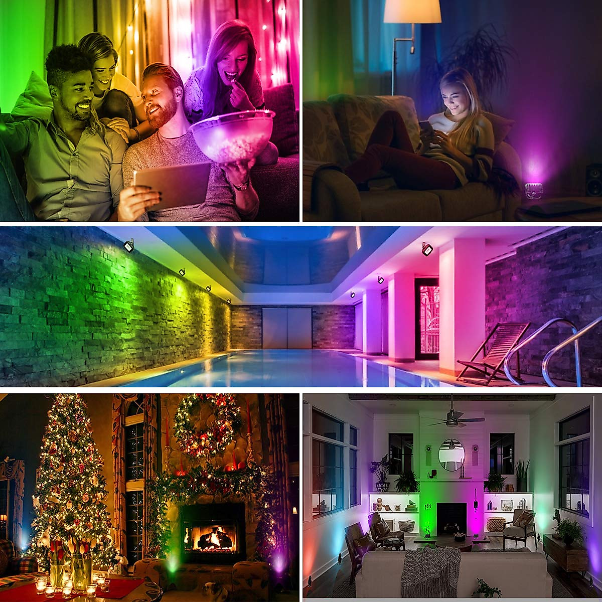 Ucomeuni Outdoor LED Flood Light 6 in 1 Color Changing LED Lighting 12V Landscape Lights with UL Adapter IP66 Waterproof Garden Pathway Light with Metal Spike Stand for Yard, Lawn, 6 Pack, Black