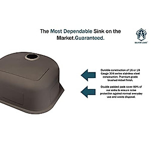 Silver Lake 23" L x 21" W x D x 9" Single Bowl D Shape Undermount Kitchen Sink 18 or 16 Gauge with Grid, Clips, Strainer (SLU430) (16 Gauge)