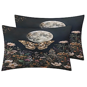 FJWXCBD Moon Duvet Cover California King Size, Gothic Moth Pattern Bedding Set 3 Piece for Bedroom Decor, Celestial Floral Duvet Cover & 2 Pillow Shams, with Zipper & Ties, Super Soft Microfiber
