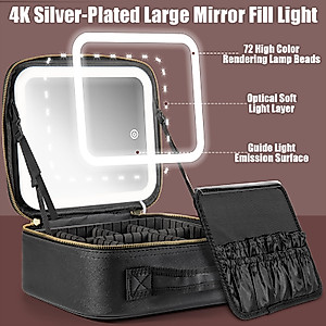 Extrei Gent Makeup Travel Train Case with Mirror LED Light 3 Adjustable Brightness Cosmetic Bag Portable Storage Adjustable Partition Waterproof Brushes Makeup Jewelry Gift for Women, Black